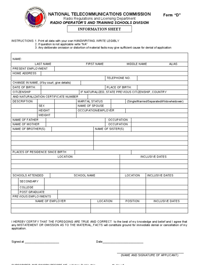 GOC "STCW and GDMSS (Form D - Information Sheet) " | PDF | Notary ...