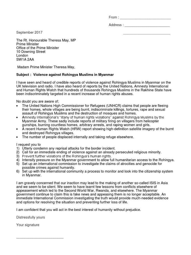 Rohingya Violence in Myanmar Appeal Letter | PDF | Rohingya People ...