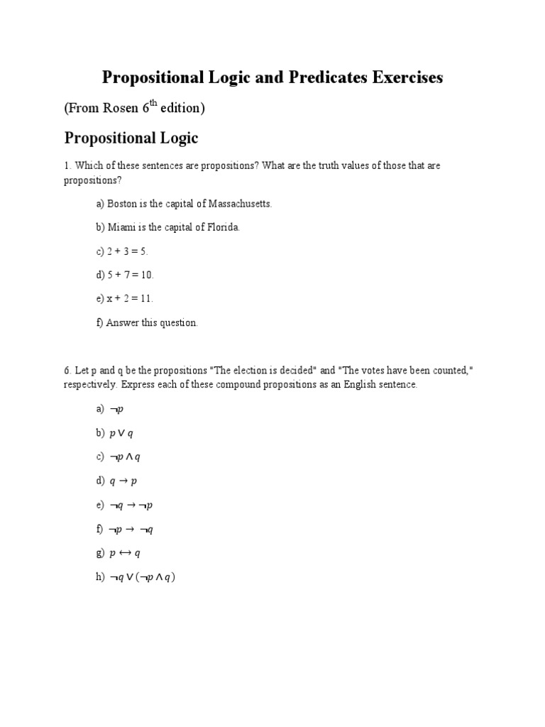 Propositional Logic and Predicates Exercises.34.1504491318.3195 | PDF ...