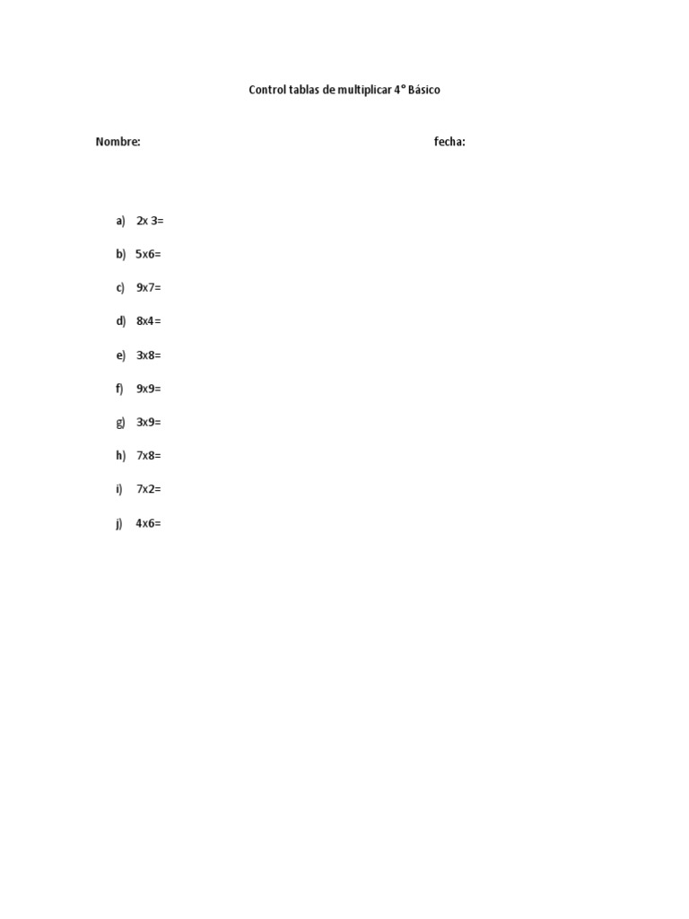 Control Tablas de Multiplicar 4 | PDF