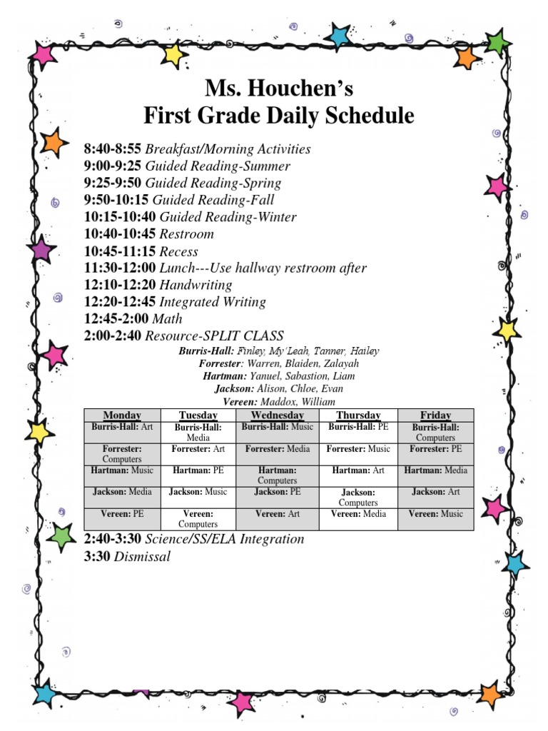 First Grade Daily Schedule Overview | PDF | Art