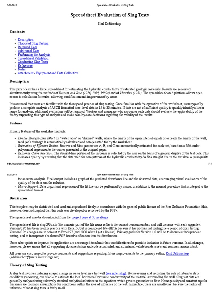 Spreadsheet Evaluation of Slug Tests | PDF | Aquifer | Teaching Mathematics
