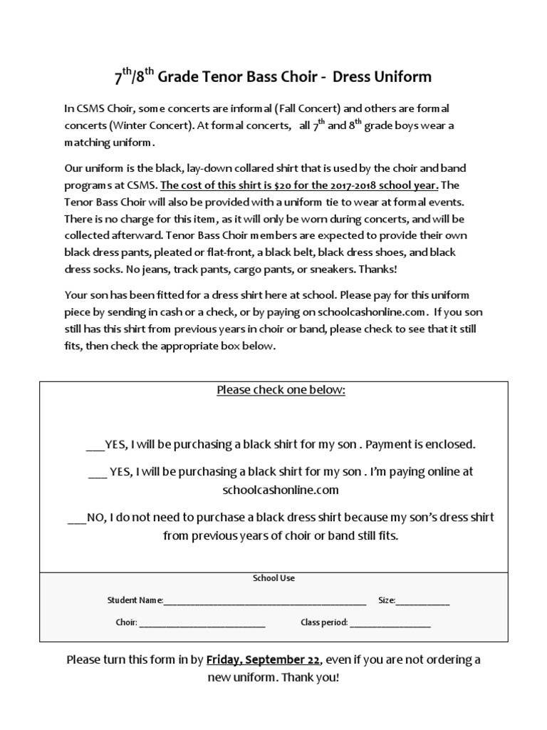 7th/8th Grade Choir Uniform Order Form | PDF