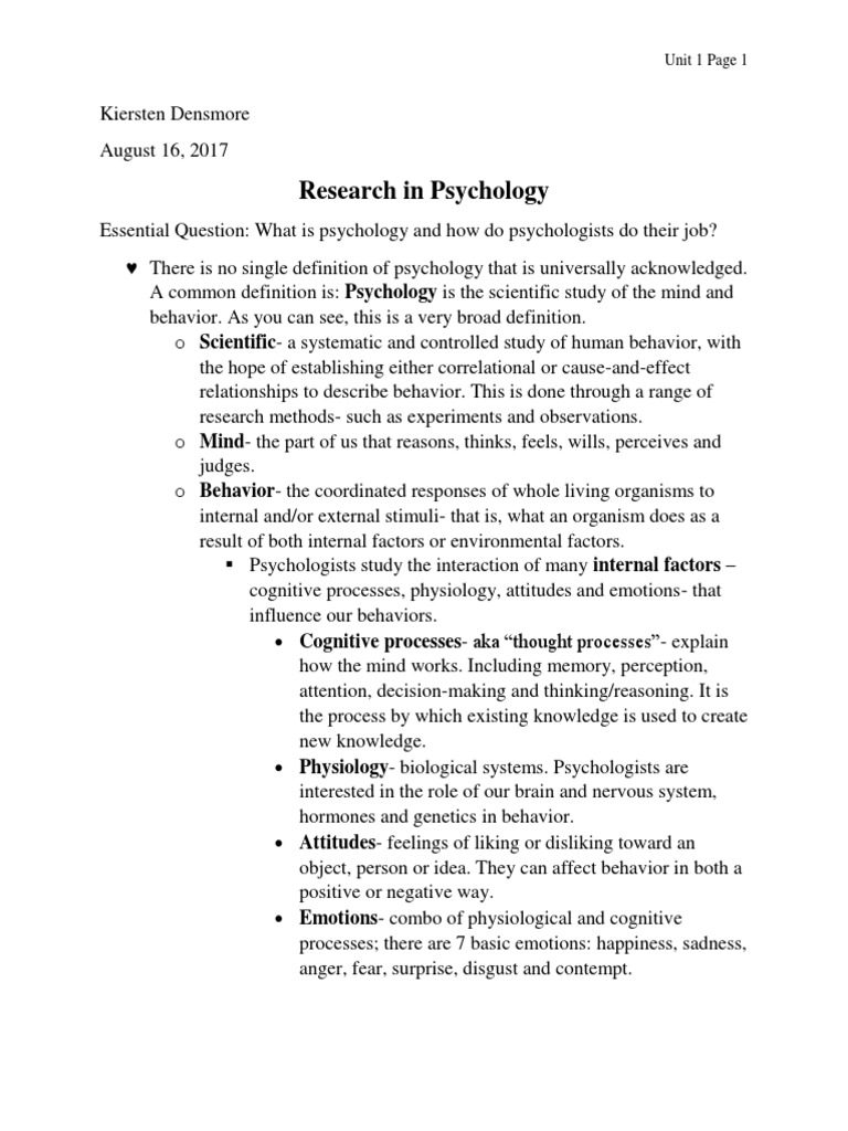 Research in Psychology: Unit 1 Page 1 | PDF | Emotions | Psychology
