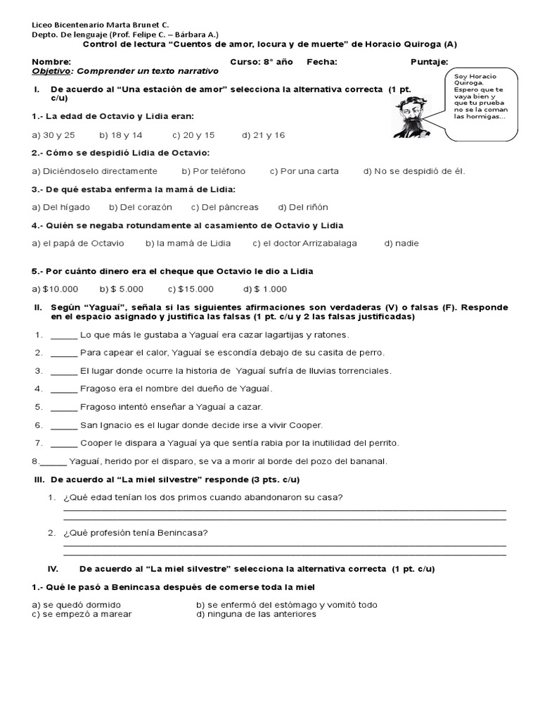 Control de lectura: Horacio Quiroga | PDF | Salud y bienestar | Medicina