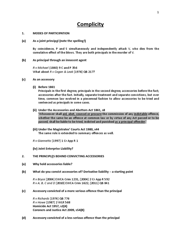 Complicity Handout | PDF | Criminal Justice | Crime & Violence