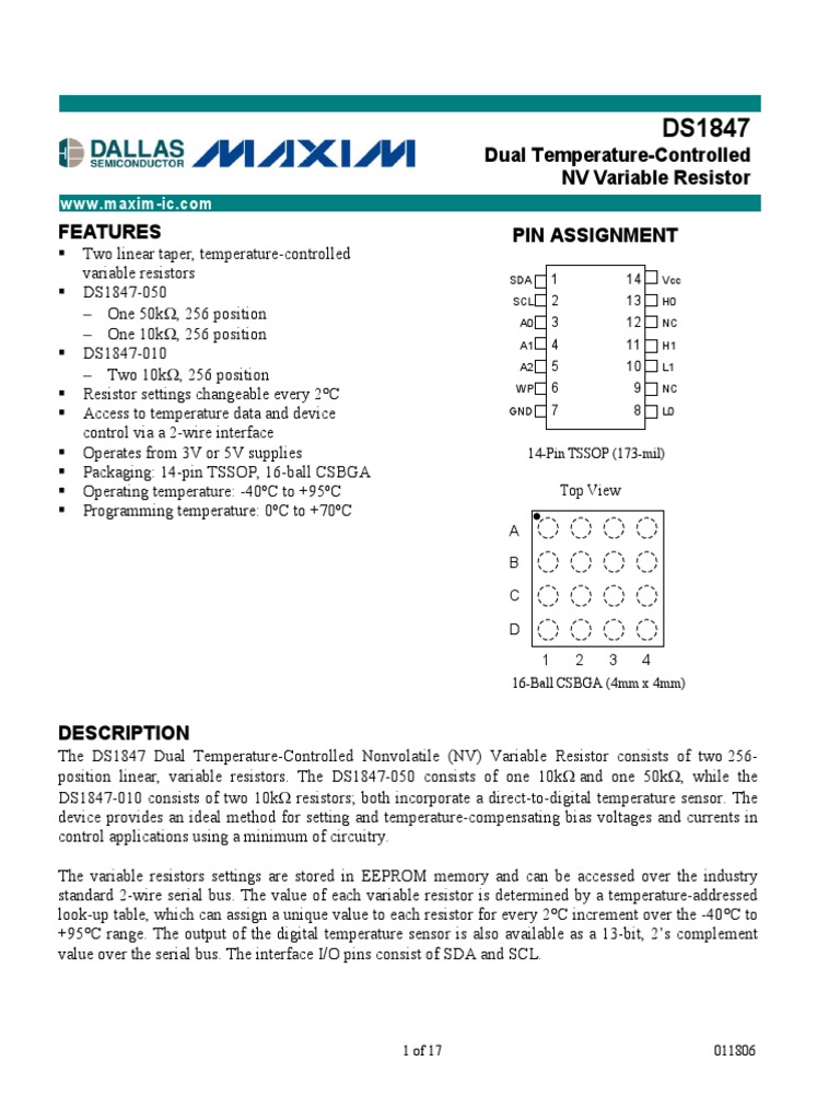 DS1847 Dual Temperature-Controlled NV Variable Resistor I2C PDF | PDF ...