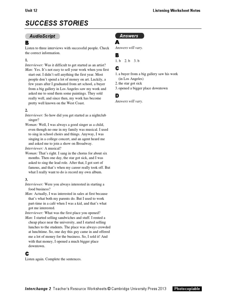 Interchange4thEd Level2 Unit12 Listening Worksheet | PDF | Singing | Albums