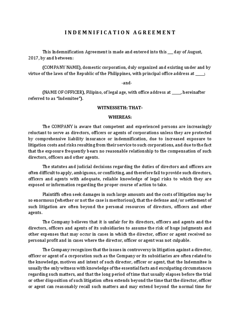 Indemnification Agreement | Indemnity | Law Of Agency