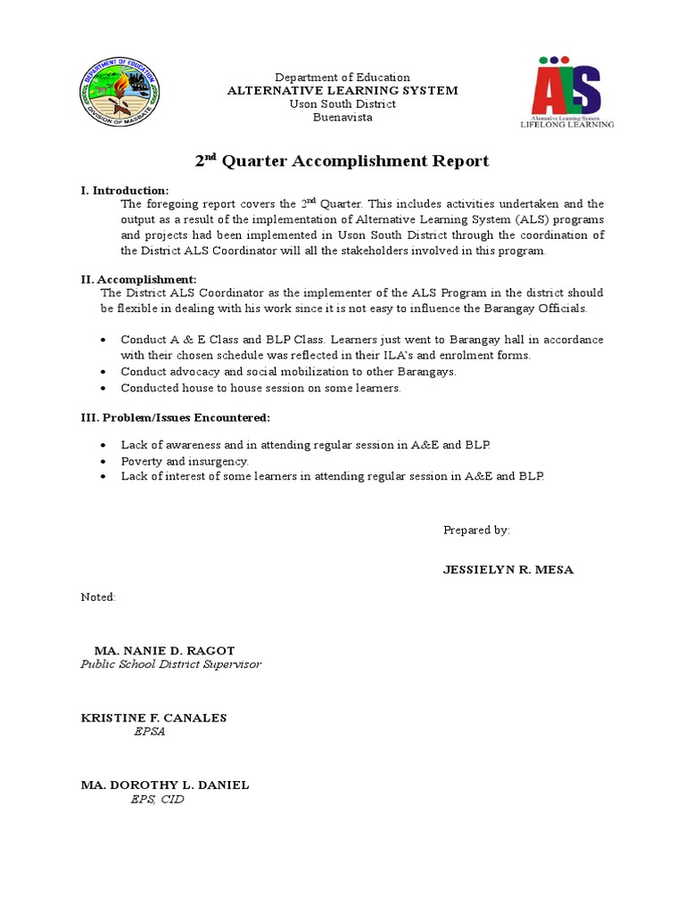 2nd Quarter Accomplishment Report ALS | PDF