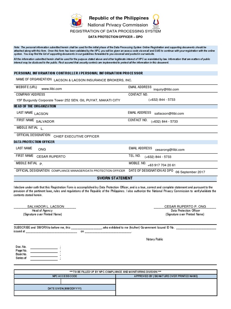 NPC Form (Filled Out) | Information Privacy | Personally Identifiable ...