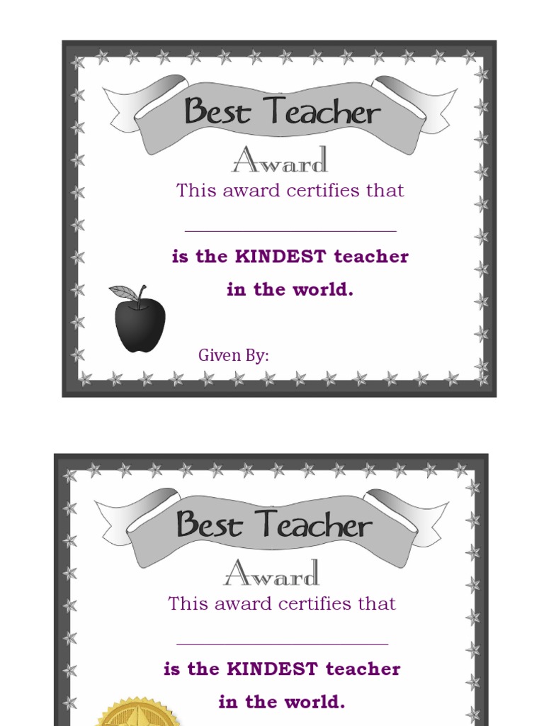This Award Certifies That: - Is The KINDEST Teacher in The World | PDF
