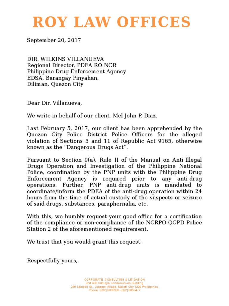 Letter To PDEA - Diaz | PDF