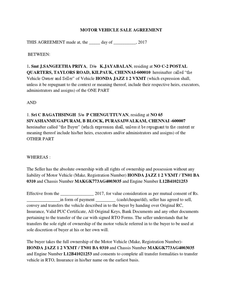 Motor Vehicle Sale Agreement | PDF | Sales | Business Law