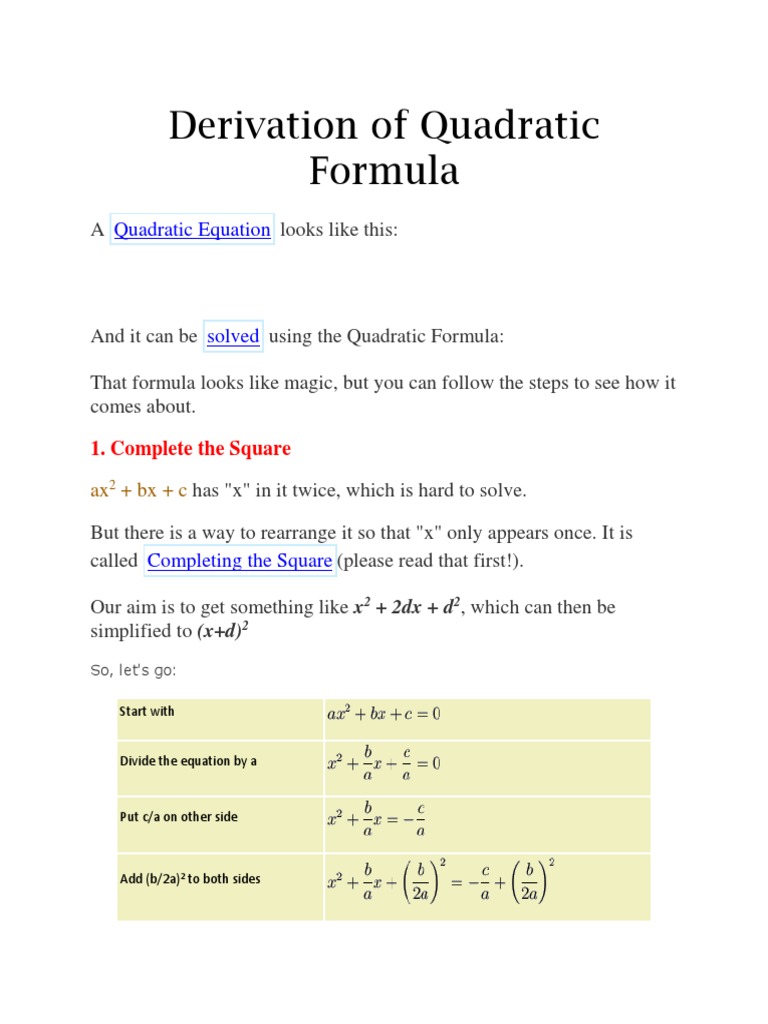 Derivation of Quadratic Formula | PDF