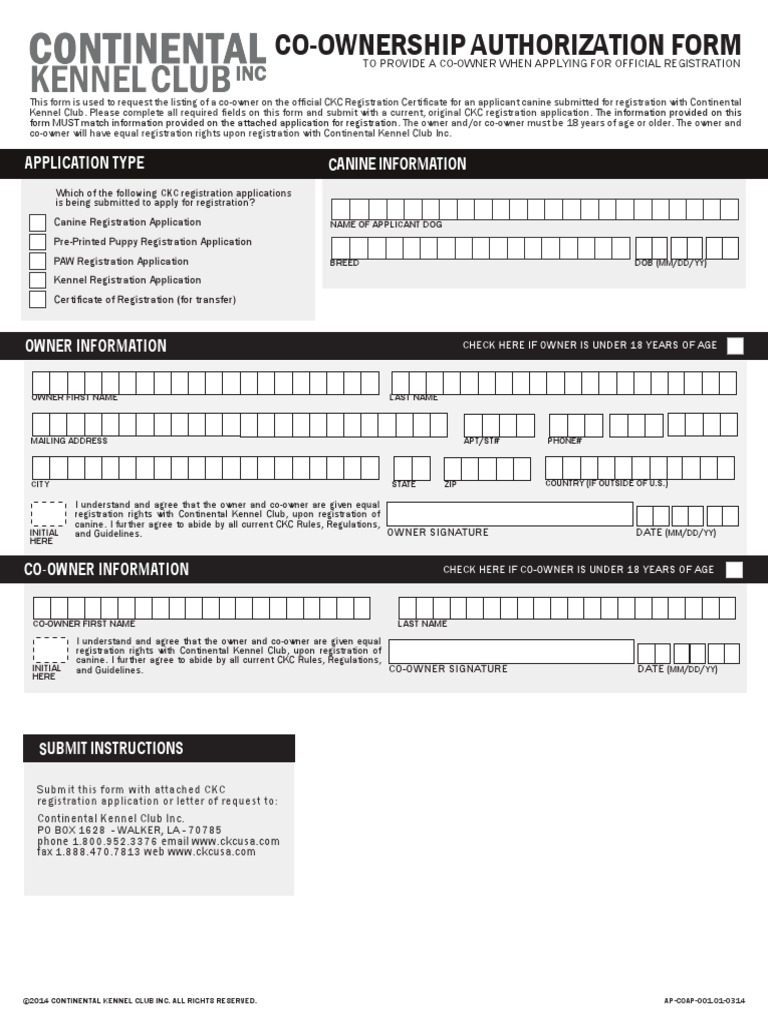 CKC Co-Ownership Registration Form | PDF | Kennel Club | Dog Types