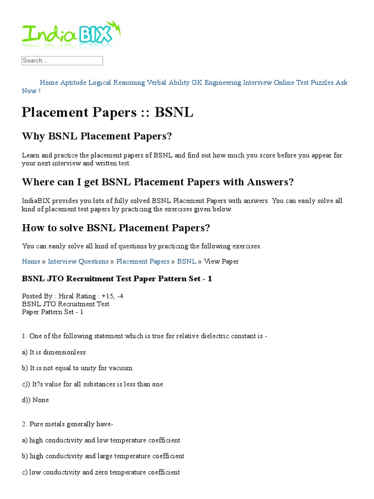 BSNL Placement Papers - BSNL JTO Recruitment Test Paper Pattern Set - 1 ...