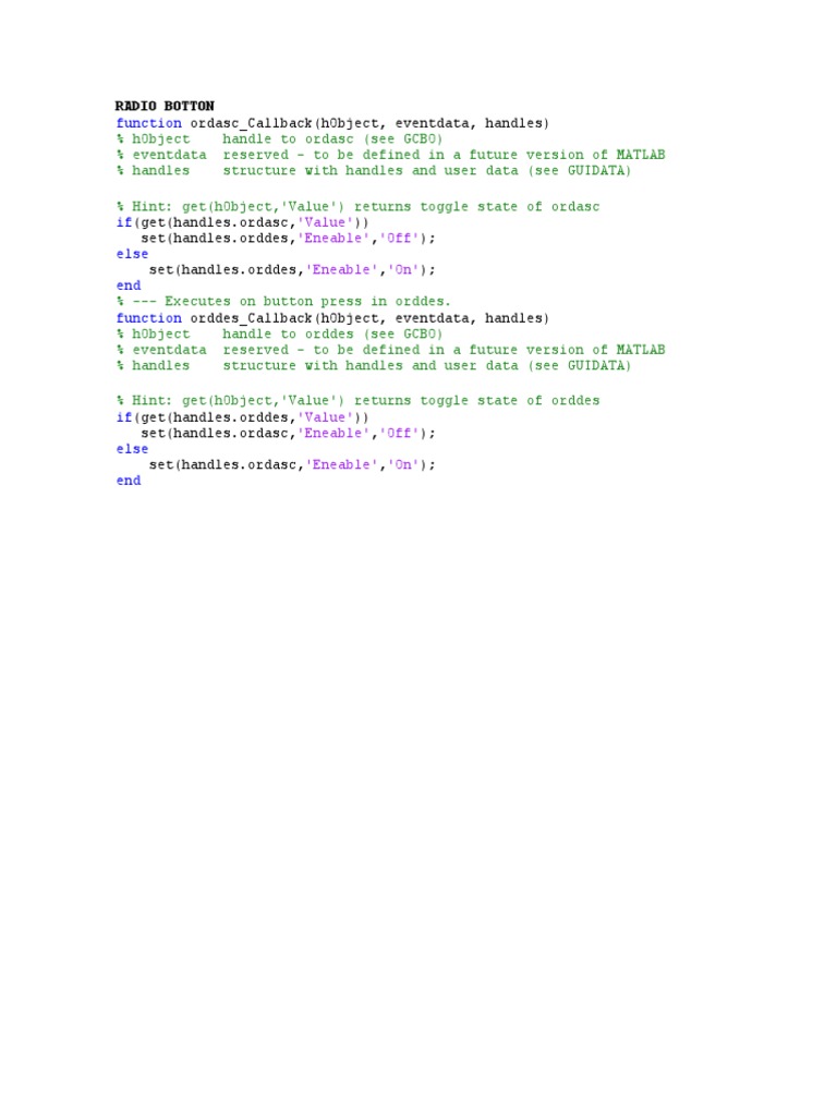 MATLAB Radio Button Callback Functions | PDF