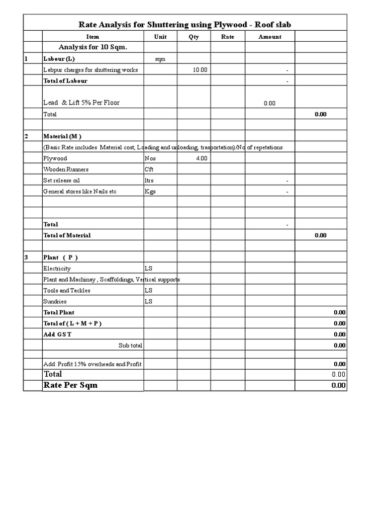 Rate Analysis For Shuttering Using Plywood - Roof Slab | PDF | Nature