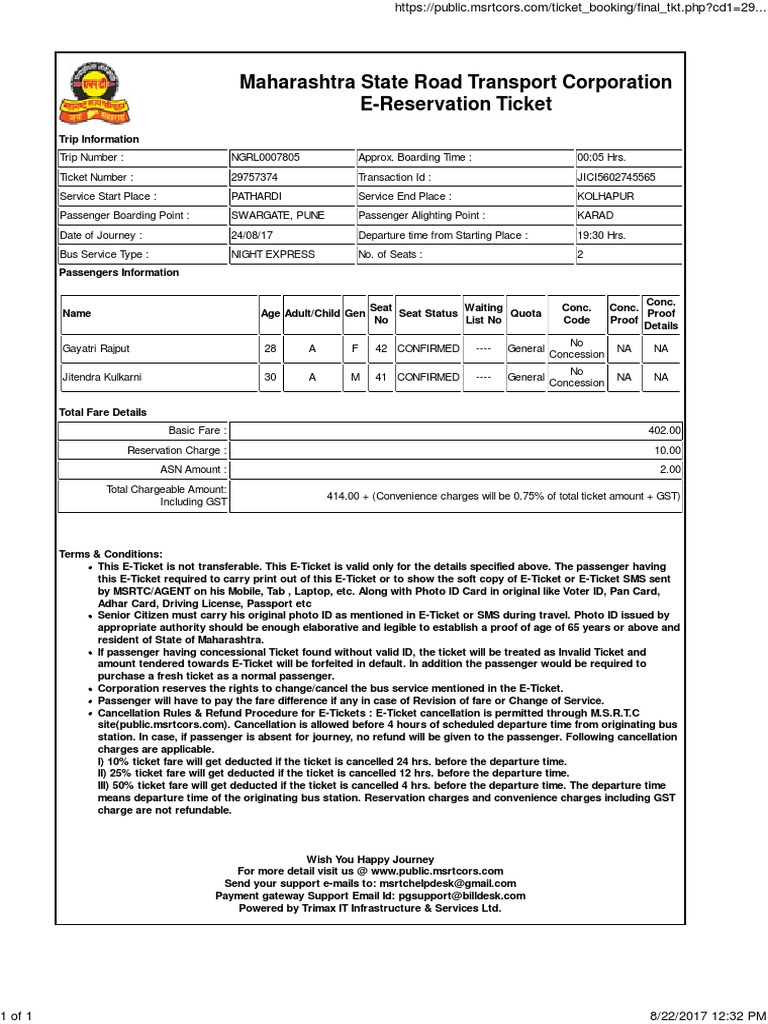 Maharashtra State Road Transport Corporation E-Reservation Ticket | PDF ...