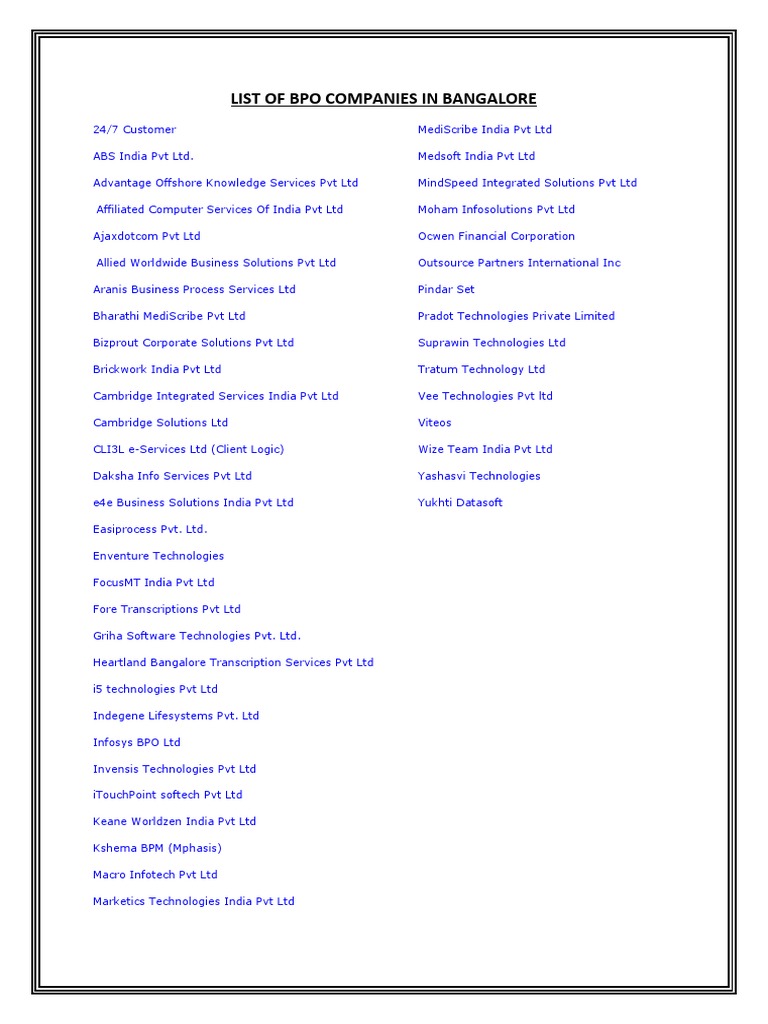 List of Bpo Companies in Bangalore | PDF