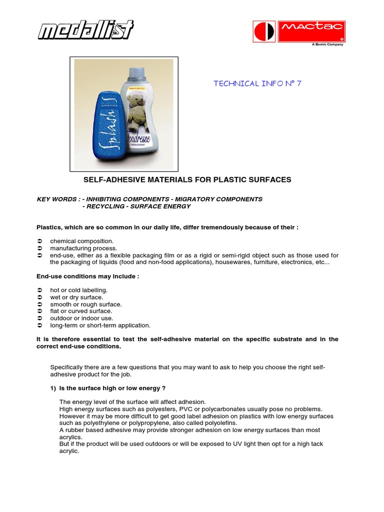 Self-Adhesive Materials for Plastics | PDF | Plastic | Polyethylene