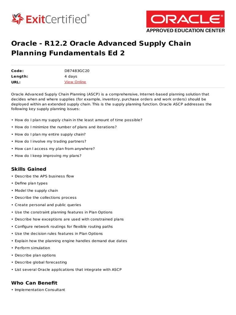 r12 2 Oracle Advanced Supply Chain Planning Fundamentals Ed 2 | PDF ...