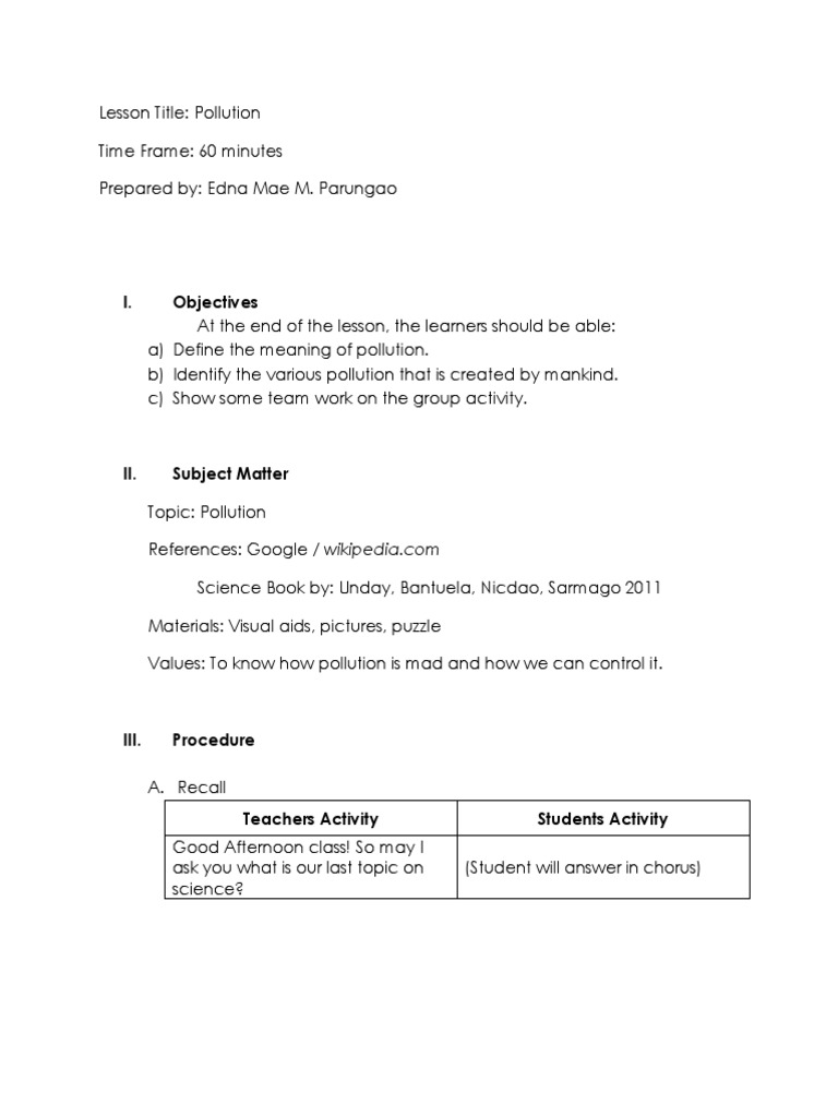 Pollution Lesson Plan | PDF | Lesson Plan | Cognitive Science
