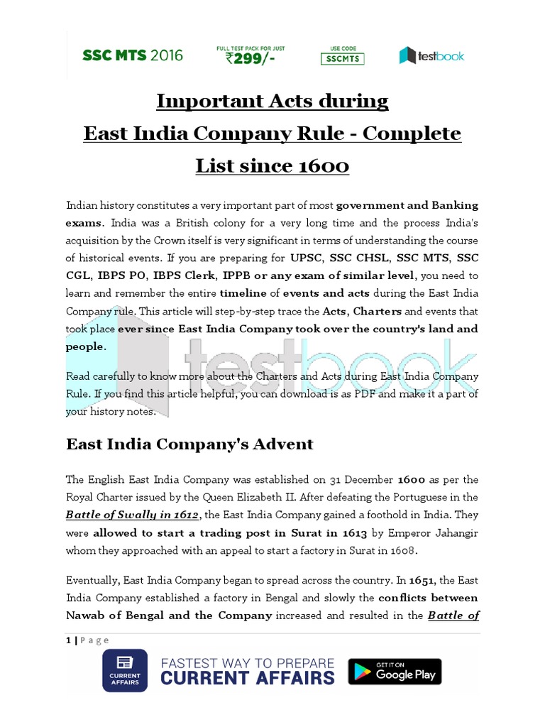 Important Acts During East India Company Rule Complete List Since 1600 ...