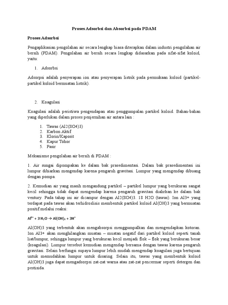 Proses Adsorbsi Dan Absorbsi Pada PDAM | PDF