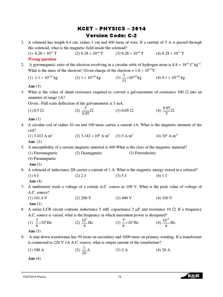 Kcet - Physics - 2014 Version Code: C-2: Wrong Question | PDF | Alternating Current | Transformer