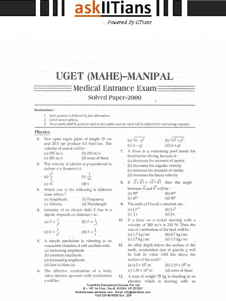 (Mahe) - Mani Al: M Edi Ca Entrance Exam | PDF | Meiosis | Electric Current