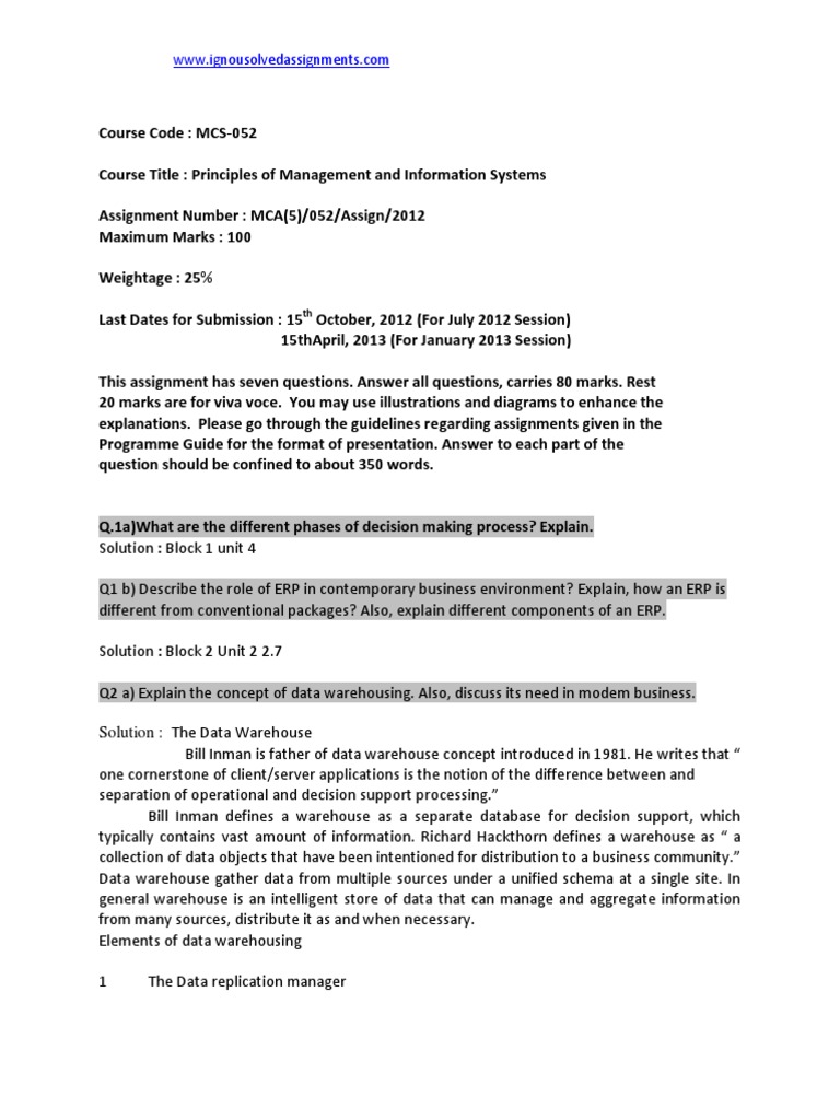 IGNOU MCA Assignment | PDF | Information Security | Data Warehouse