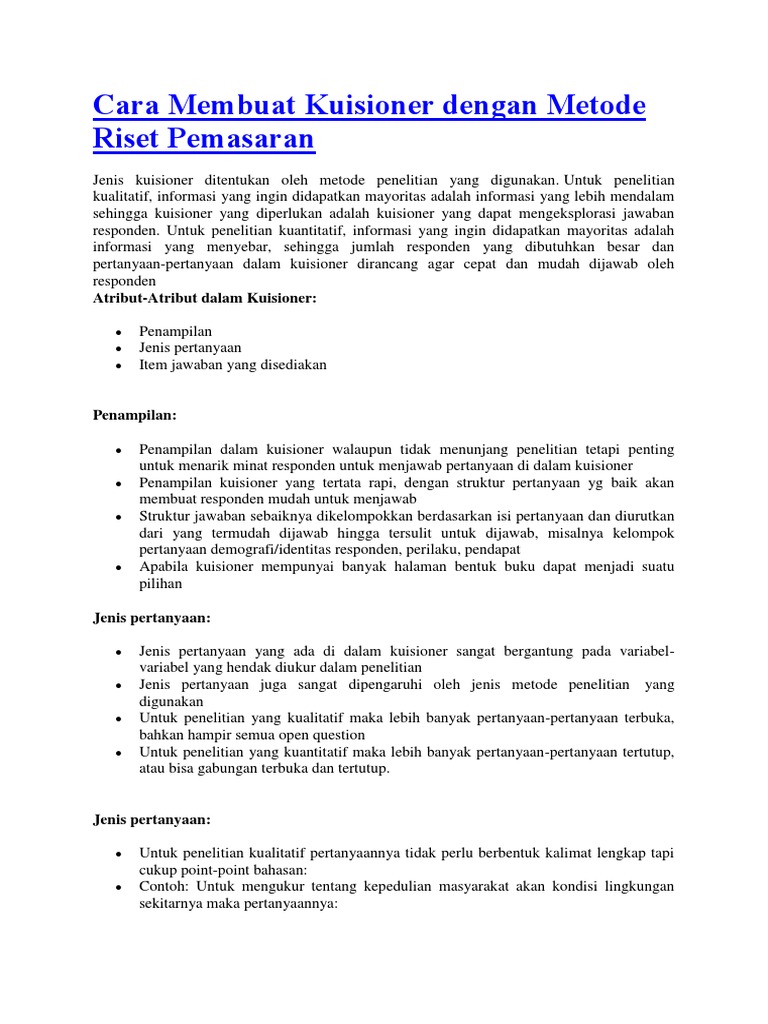 Cara Membuat Kuisioner Dengan Metode Riset Pemasaran | PDF