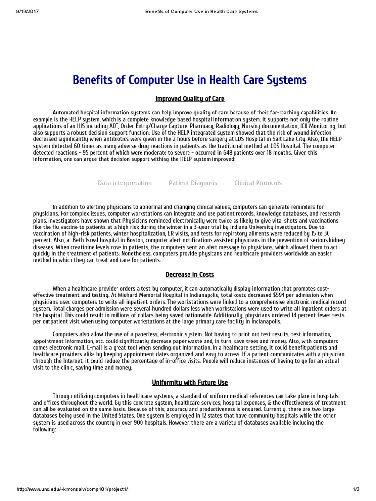 Benefits of Computers in Health Care | PDF | Patient | Health Care