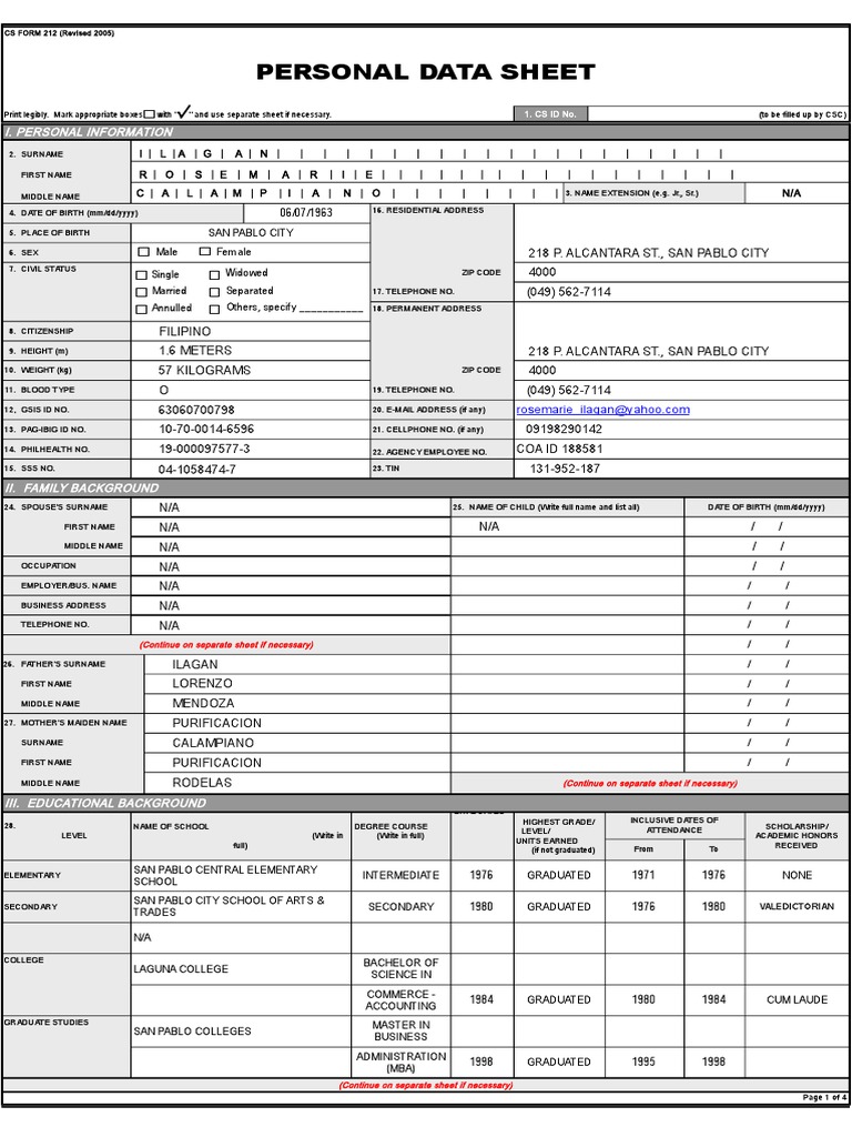 Personal Data Sheet CS Form 212 | PDF | Audit | Accounting