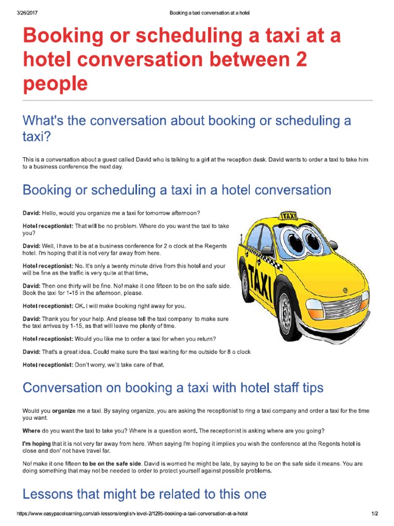 Booking A Taxi Conversation at A Hotel | PDF