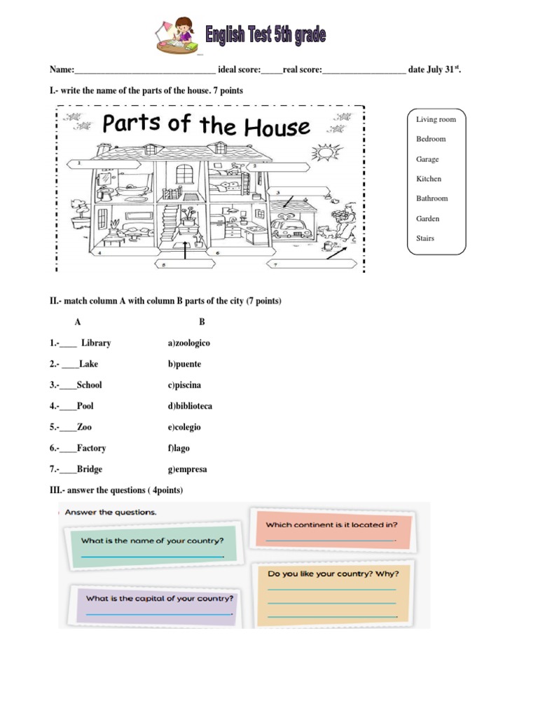 Parts of House and City Quiz Worksheet | PDF