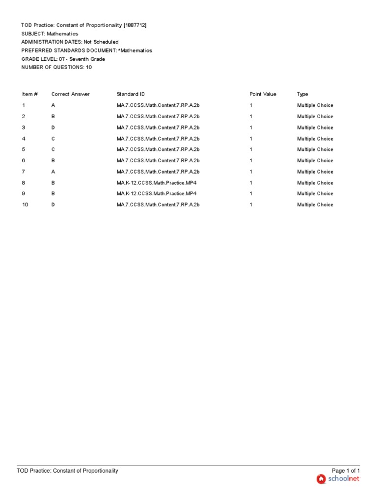 Constant of Proportionality Answer Key | PDF