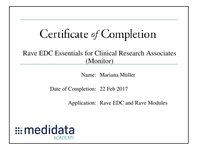 MMüller - Medidata RAVE Certificate | PDF
