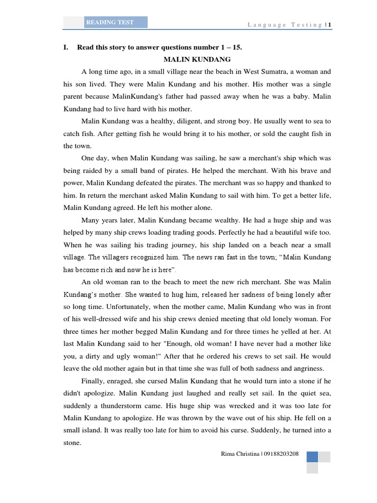 I. Read This Story To Answer Questions Number 1 - 15. Malin Kundang ...