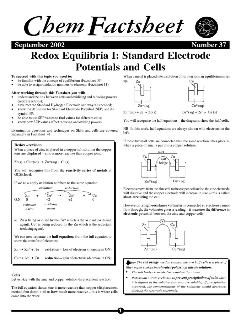 Standard Electrode Potentials & Cells | PDF | Redox | Zinc