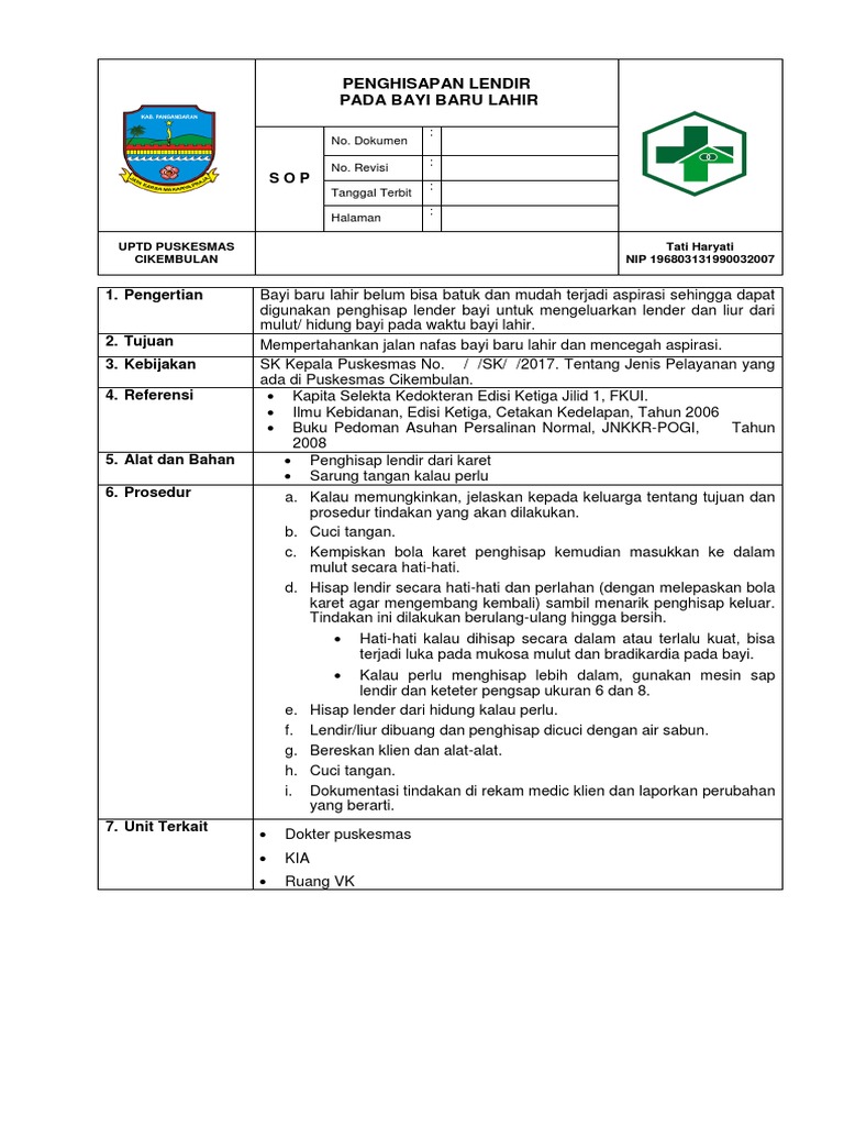 Sop Penghisapan Lendir BBL Sip | PDF