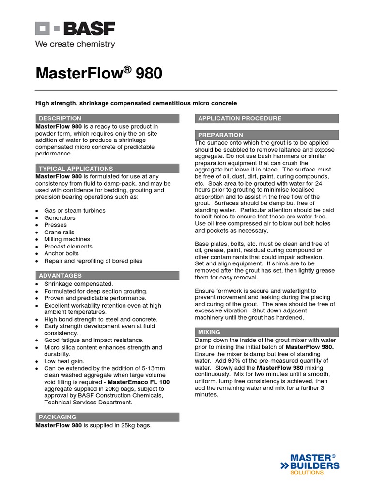 Basf Masterflow 980 Tds | PDF | Fatigue (Material) | Concrete