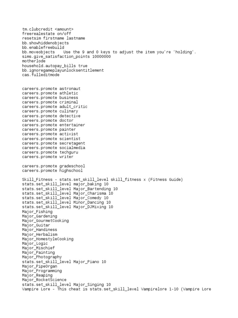 Sims 4 Cheats | PDF | Leisure | Business