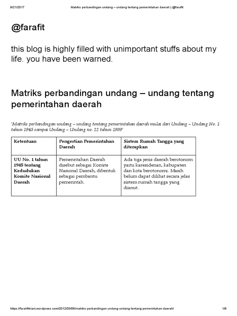 Matriks Perbandingan Undang - Undang Tentang Pemerintahan Daerah ...