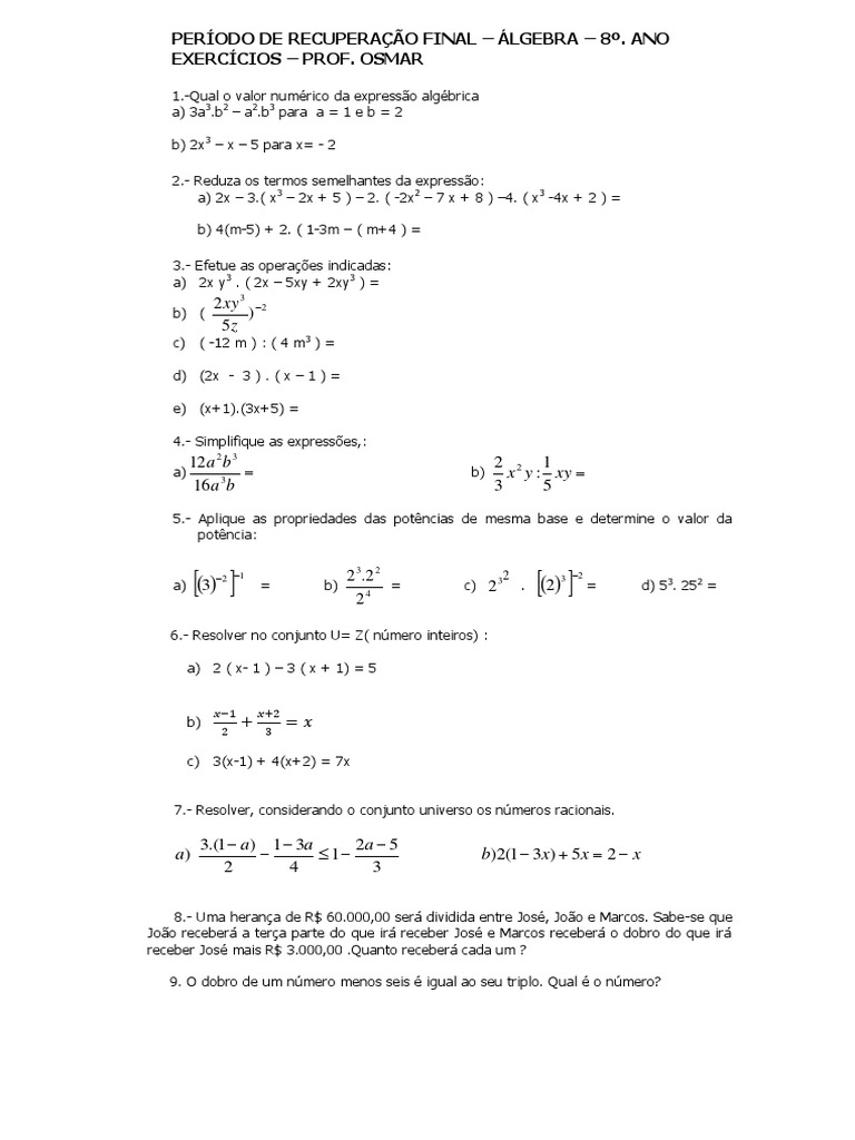Algebra 8 Ano | Álgebra Abstrata | Objetos Matemáticos | Avaliação ...