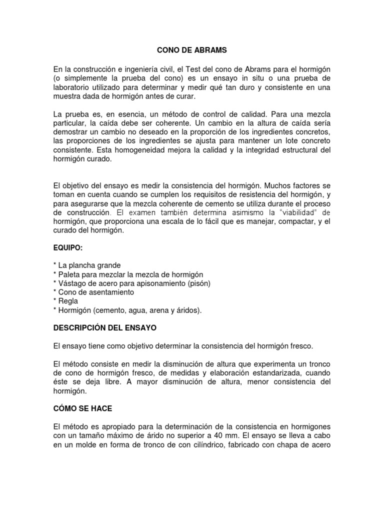 Medición de la consistencia del hormigón fresco mediante el ensayo del cono de Abrams | PDF ...