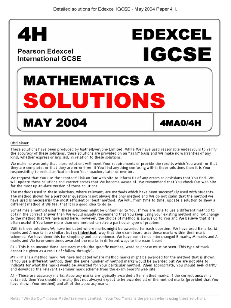 Paper 4h May 2004 Solutions Edexcel Igcse | PDF | Test (Assessment ...