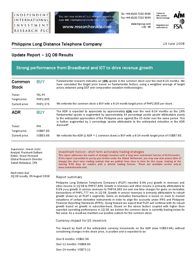PLDT 1Q08Update 24june2008 1 | PDF | American Depositary Receipt | Stocks